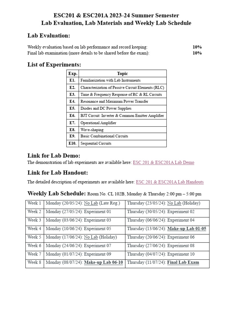ESC201 & ESC201A Summer Lab Guide | PDF