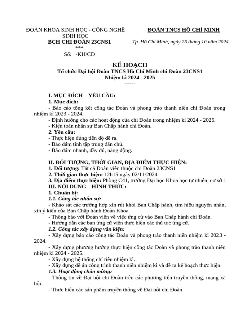 Ke Hoach To Chuc Dai Hoi Chi Doan | PDF
