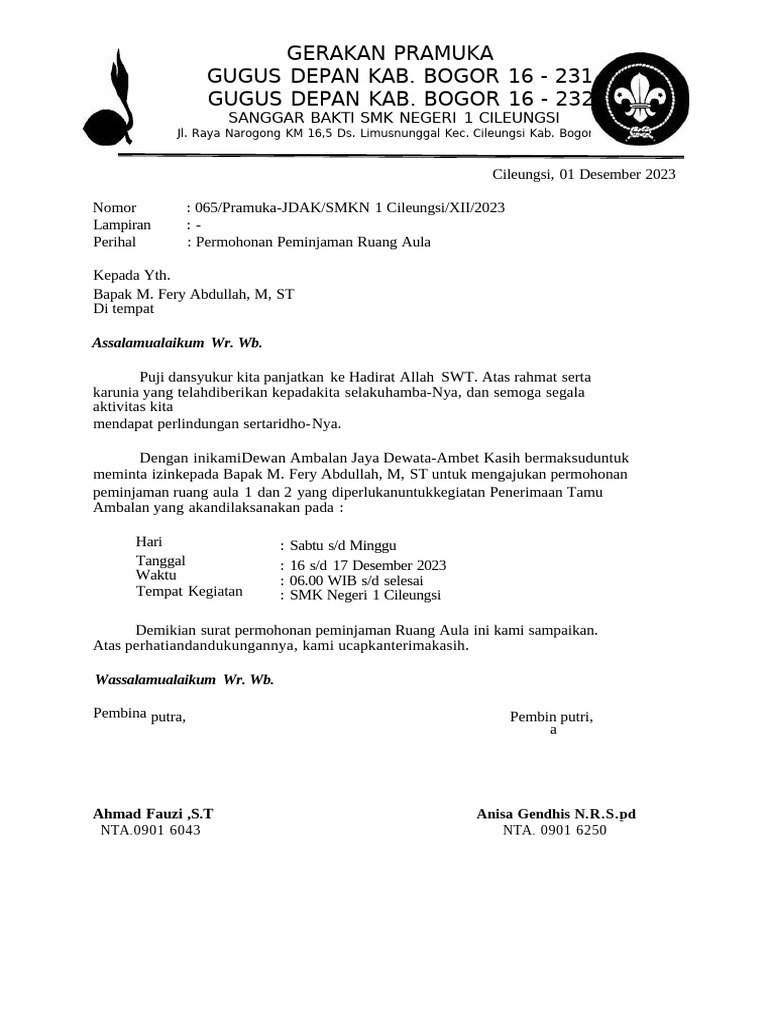 Surat Peminjaman Aula | PDF