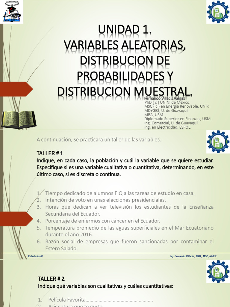 Variables Aleatorias, Distribución de Probabilidades y Distribución Muestral - Tareas 1 - 2 - 3 ...