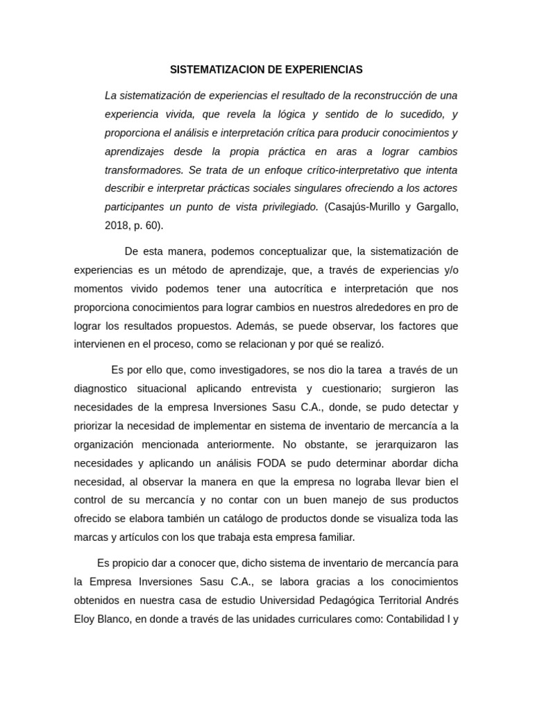 SISTEMATIZACION DE EXPERIENCIA INV SASU | PDF | Business | Aprendizaje