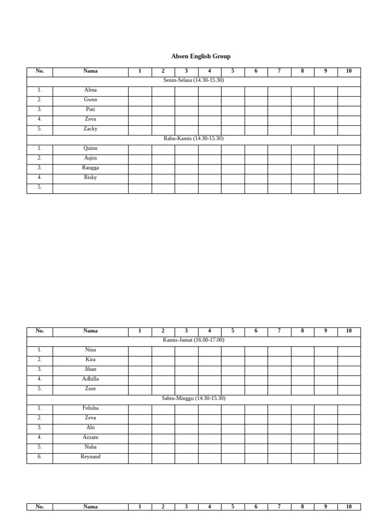 Absen English Group Attendance List | PDF