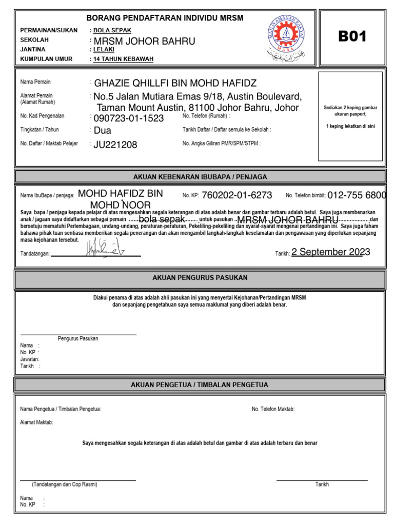 Borang B01 1 Pdf Dev Cup Pdf