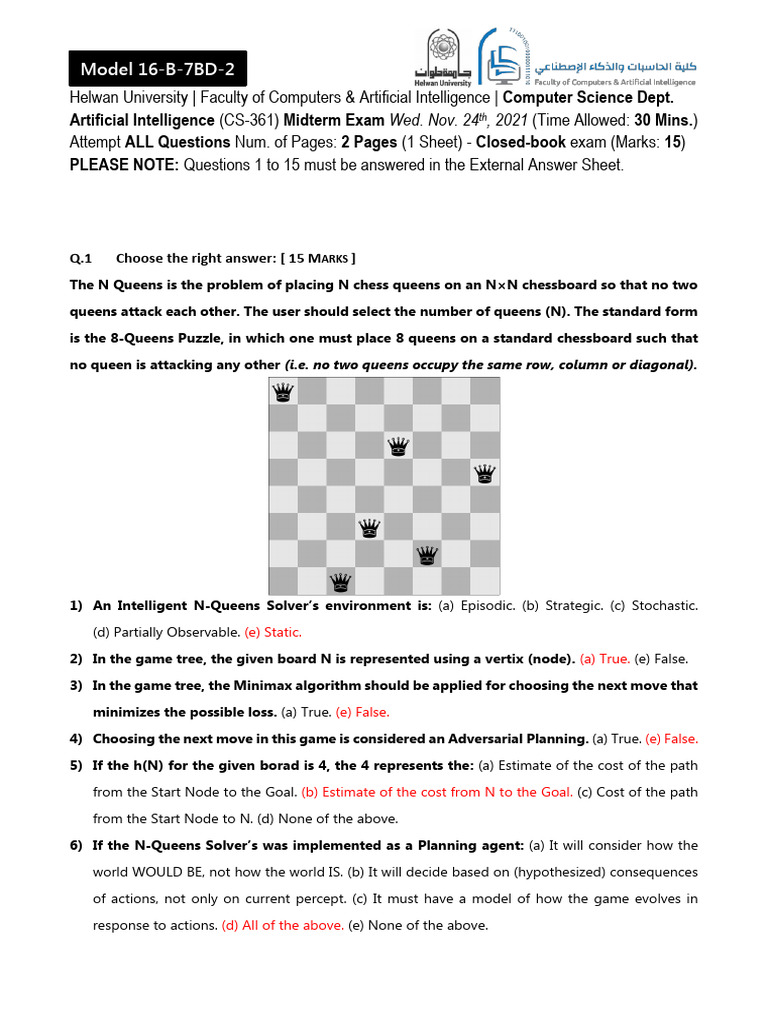 CS361 AI Midterm Exam (Model B - Fall 2021) ANSWER KEY | PDF ...
