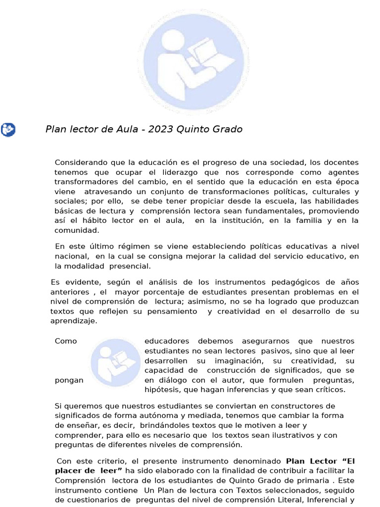 5to - Plan Lector Con Lecturas Selectas. | PDF | Salón de clases | Comprensión lectora