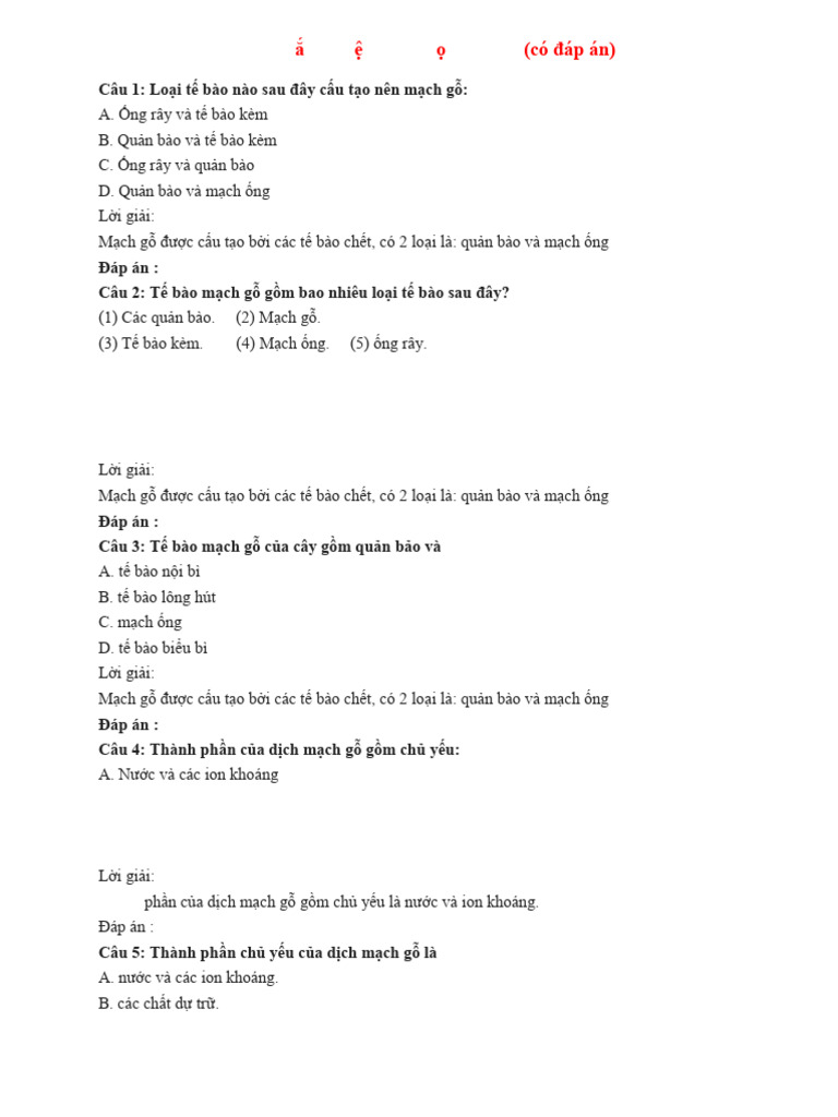 36 Cau Trac Nghiem Sinh Hoc 11 Bai 2 | PDF