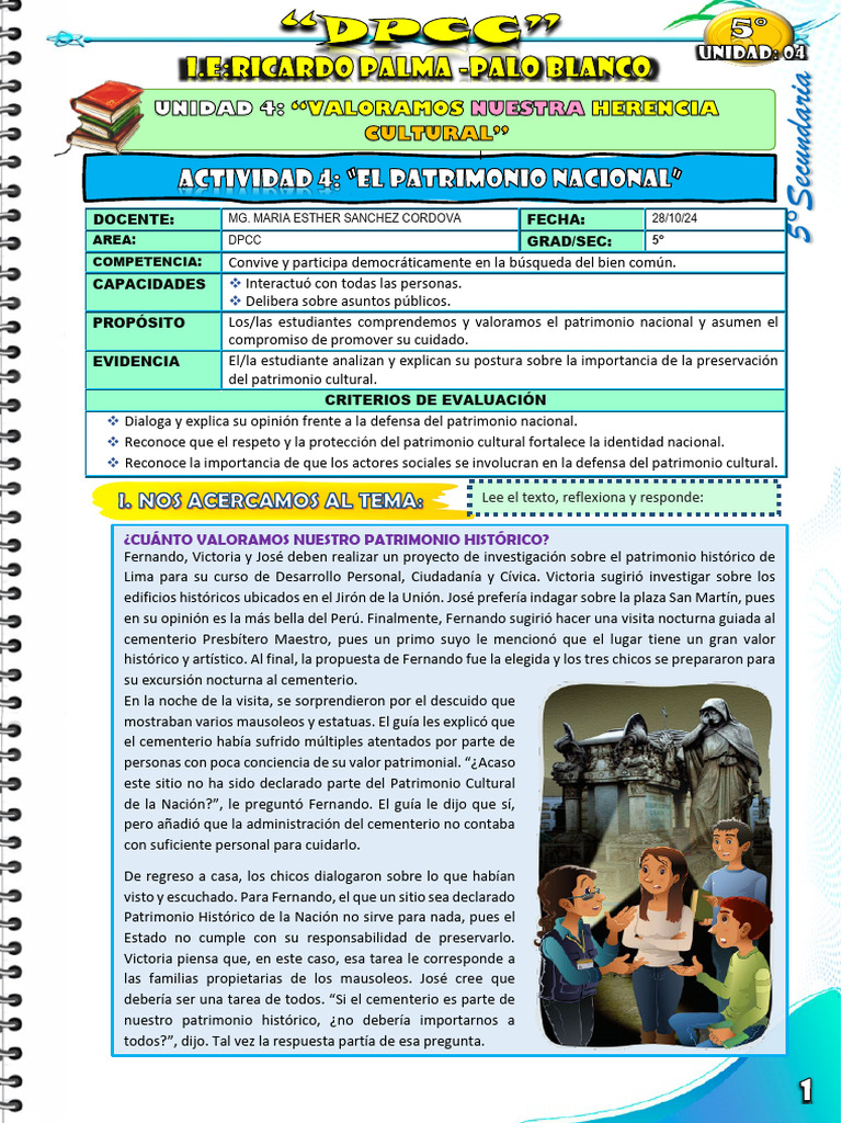5° DPCC - Actv.04-Unid.4 2024 | PDF | Patrimonio cultural | Bienes (Ley)