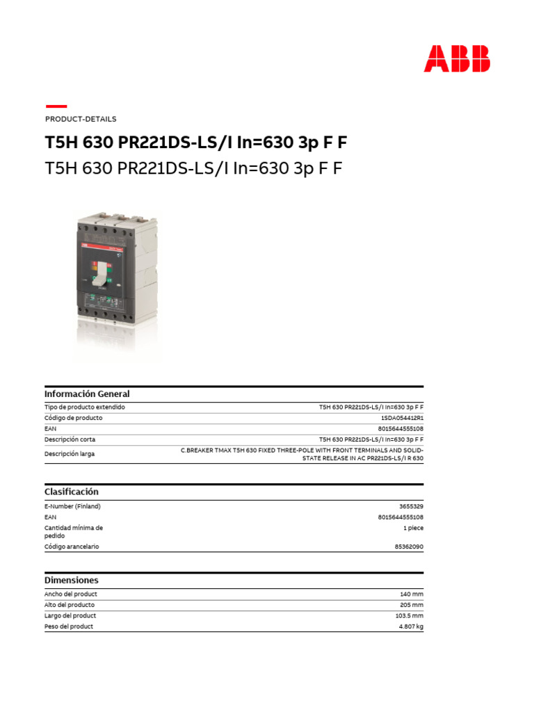 1SDA054412R1 T5h 630 pr221ds Ls I in 630 3p F F | PDF | Manufactured Goods | Power Engineering