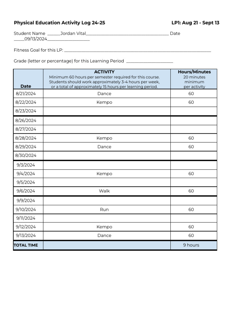 LP1 Physical Education Log 24-25 | PDF