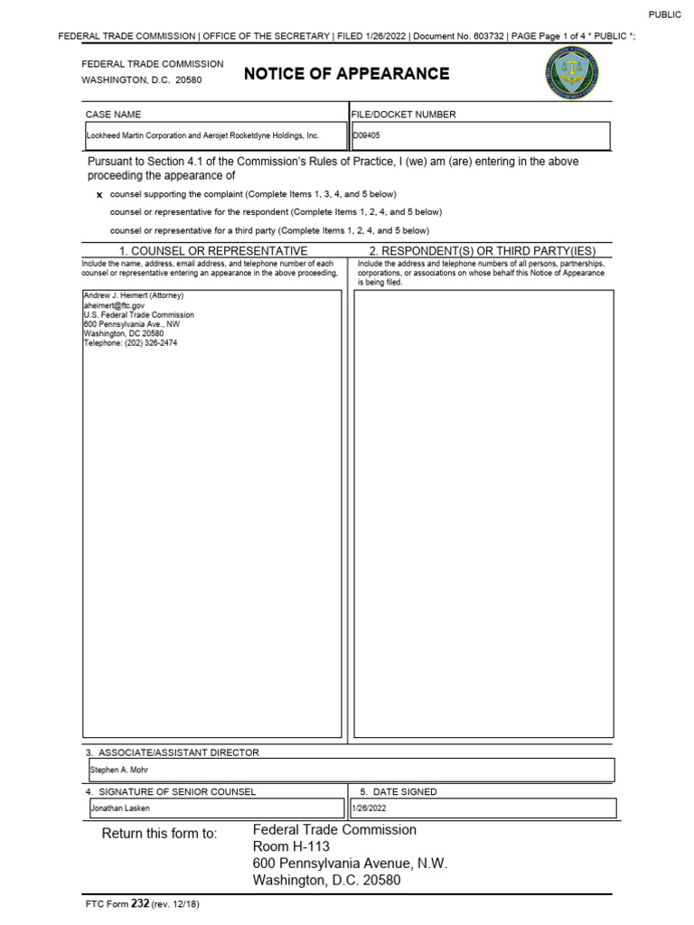 d09405 - Notice of Appearance Filed by Counsel Supporting The Complaint Andrew J. Heimert ...