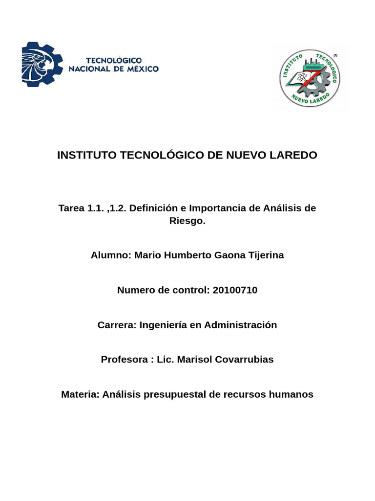 Tarea 1.1., 1.2 Definición e Importancia de Analisis de Riesgo Mario ...