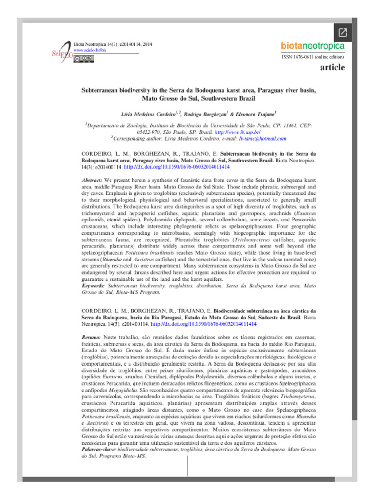 Subterranean Biodiversity in The Serra Da Bodoquena Karst Area, Paraguay River Basin, Mato ...