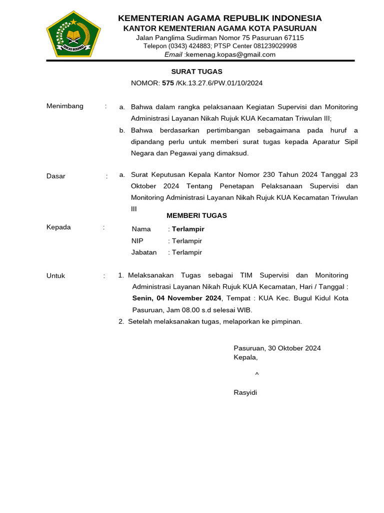 Surat Tugas Supervisi Bugul Kidul 4 Nov | PDF
