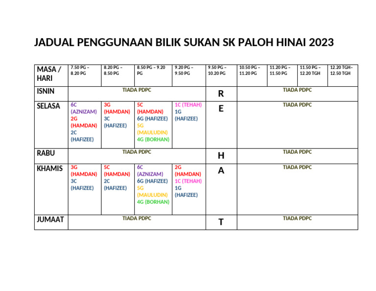 Jadual Penggunaan Bilik Sukan SK Paloh Hinai 2023 | PDF