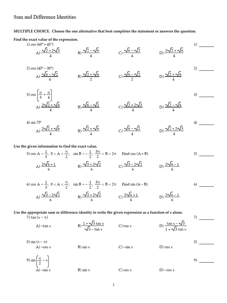 Sum and Difference Identities Quiz | PDF | Mathematics