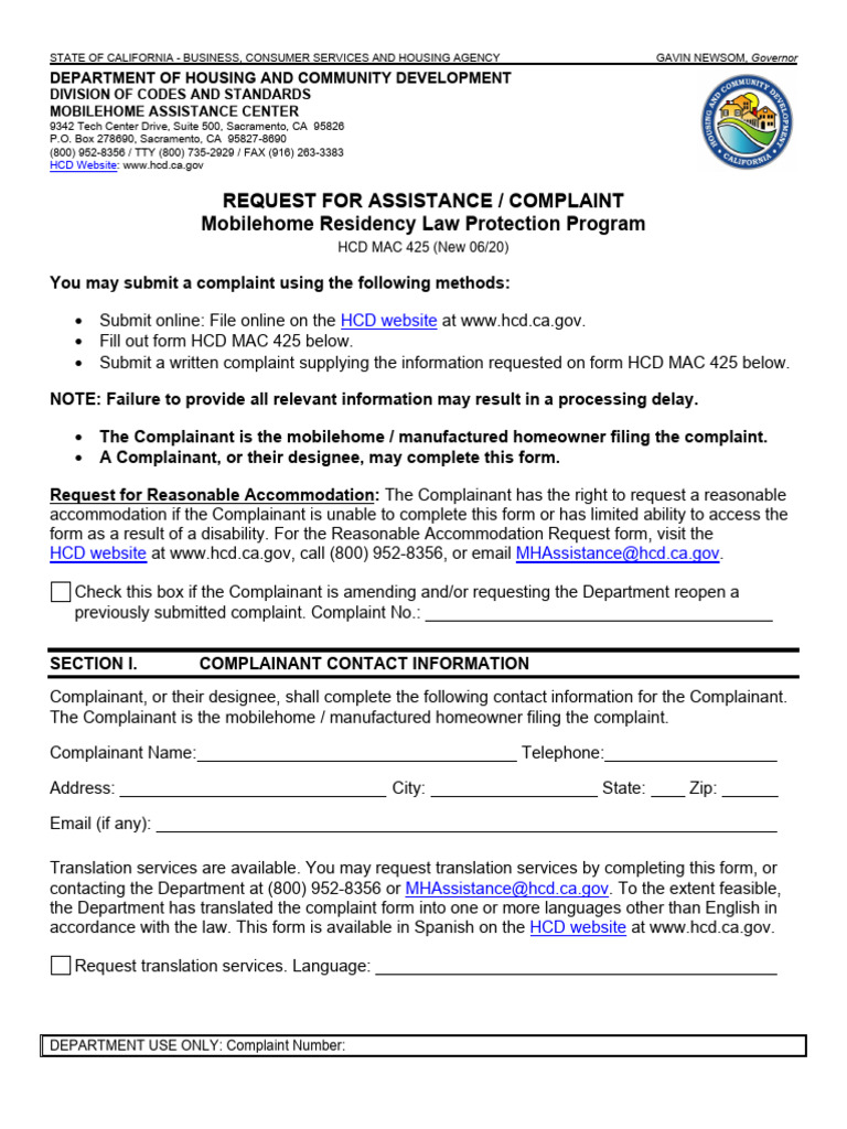 Mobilehome Complaint Assistance Form | PDF | Complaint | Common Law