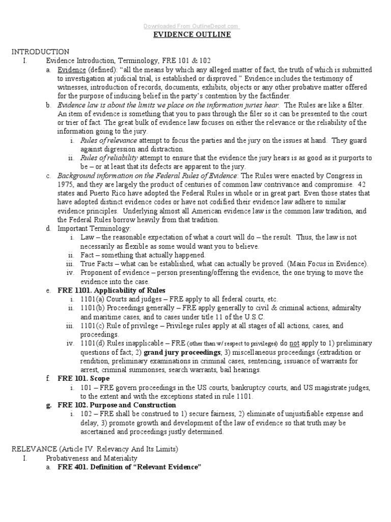 Evidence Outline | PDF | Relevance (Law) | Evidence (Law)