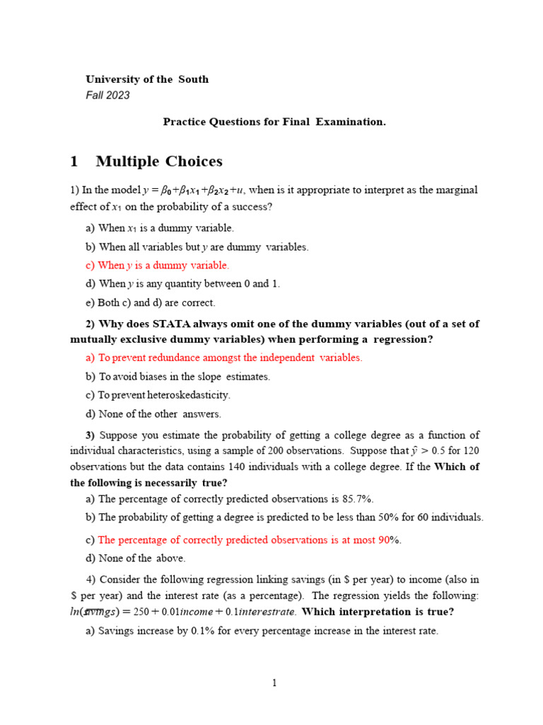 333 Practice Final Solutions | PDF | Regression Analysis | Dependent And Independent Variables