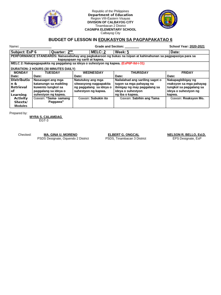 BOL in EsP6-Quarter 2-Week 5 | PDF