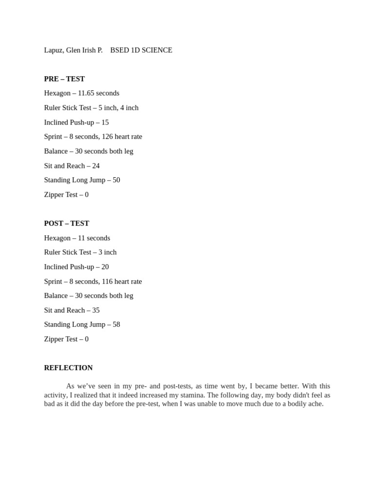 Fitness Test Reflection | PDF