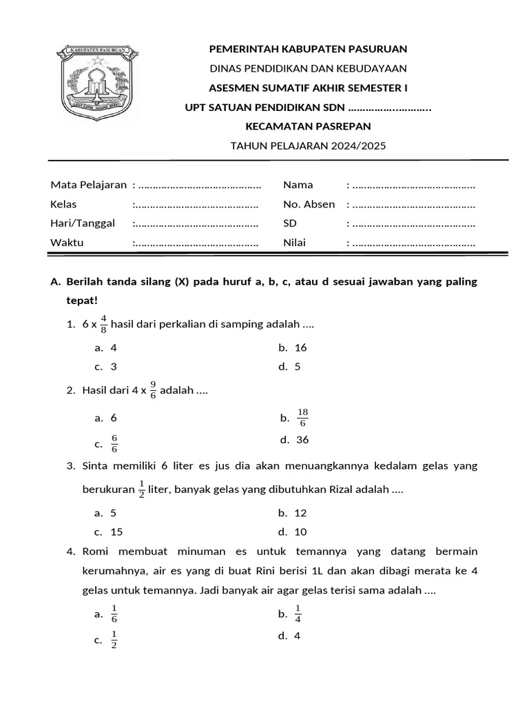 Soal ASAS Matematika S1 2024-2025 | PDF | Metode & Bahan Ajar | Seni