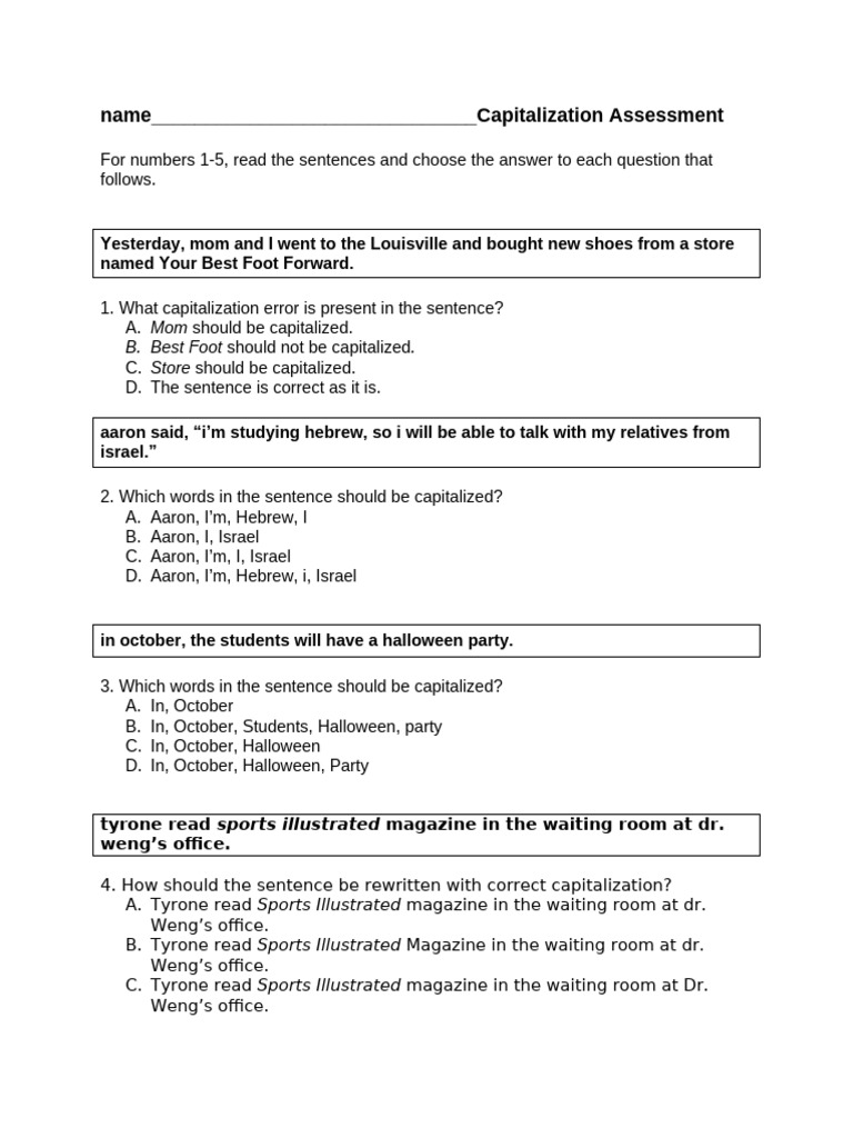 Capitalization Assessment | PDF | Poetry | General Fiction