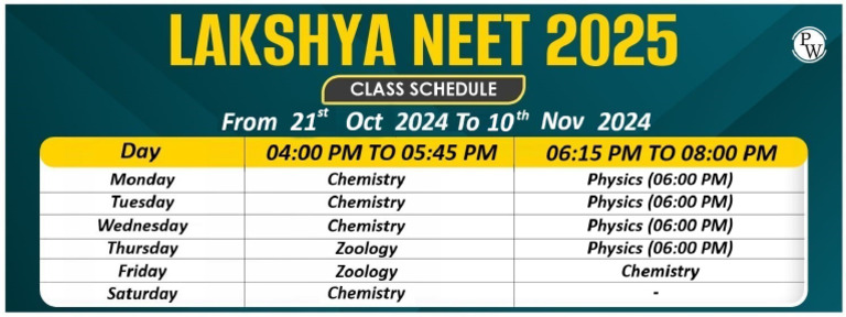 Updated Class Schedule - From 21st Oct 2024 To 10th Nov 2024 - Lakshya NEET 2025 | PDF