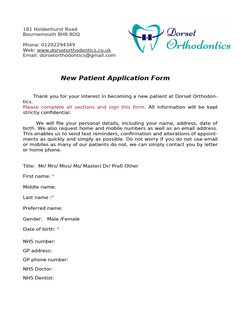 New Patient Application Form | PDF | Orthodontics | Social Programs