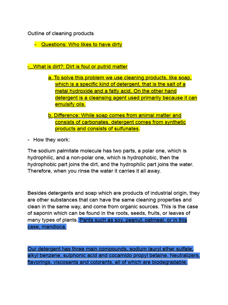Outline of Cleaning Products | PDF | Detergent | Surfactant