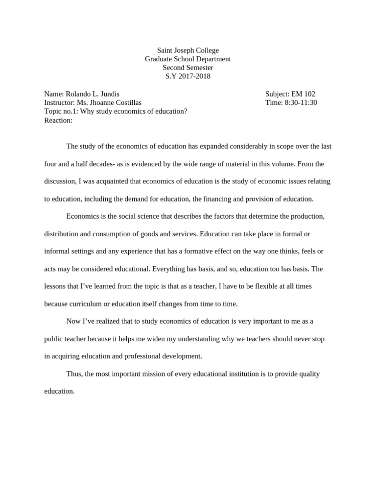 REACTION PAPER Sir Rolly | PDF | Human Capital | Economics