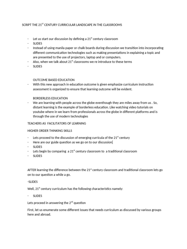(Script) THE 21ST CENTURY CURRICULAR LANDSCAPE IN THE CLASSROOMS | PDF ...