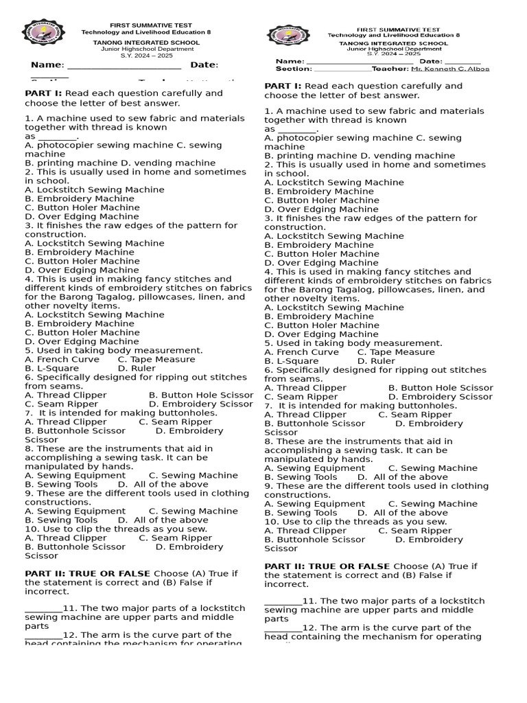 Q2-ST 1 IN TLE8-SEWING TOOLS and MATERIALS | PDF | Sewing | Embroidery