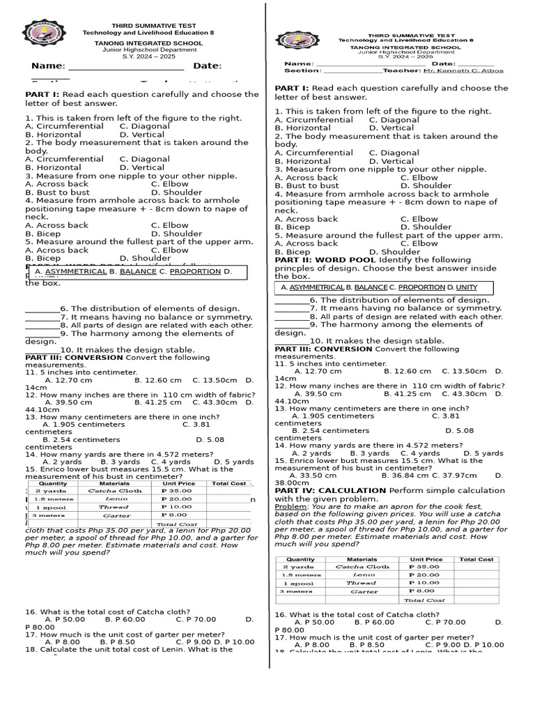 Q2-ST 3 in Tle8-Conversion, Calculation Designs | PDF | Kitchen | Inch