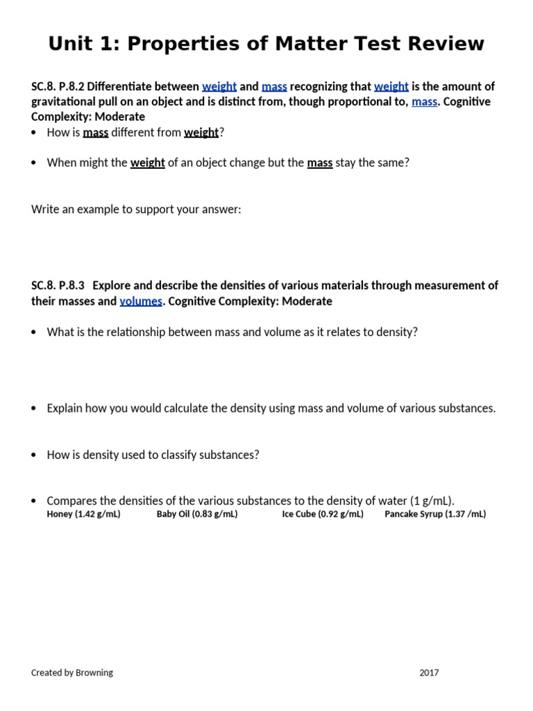 Matter Properties Test Review Guide | PDF | Density | Mass