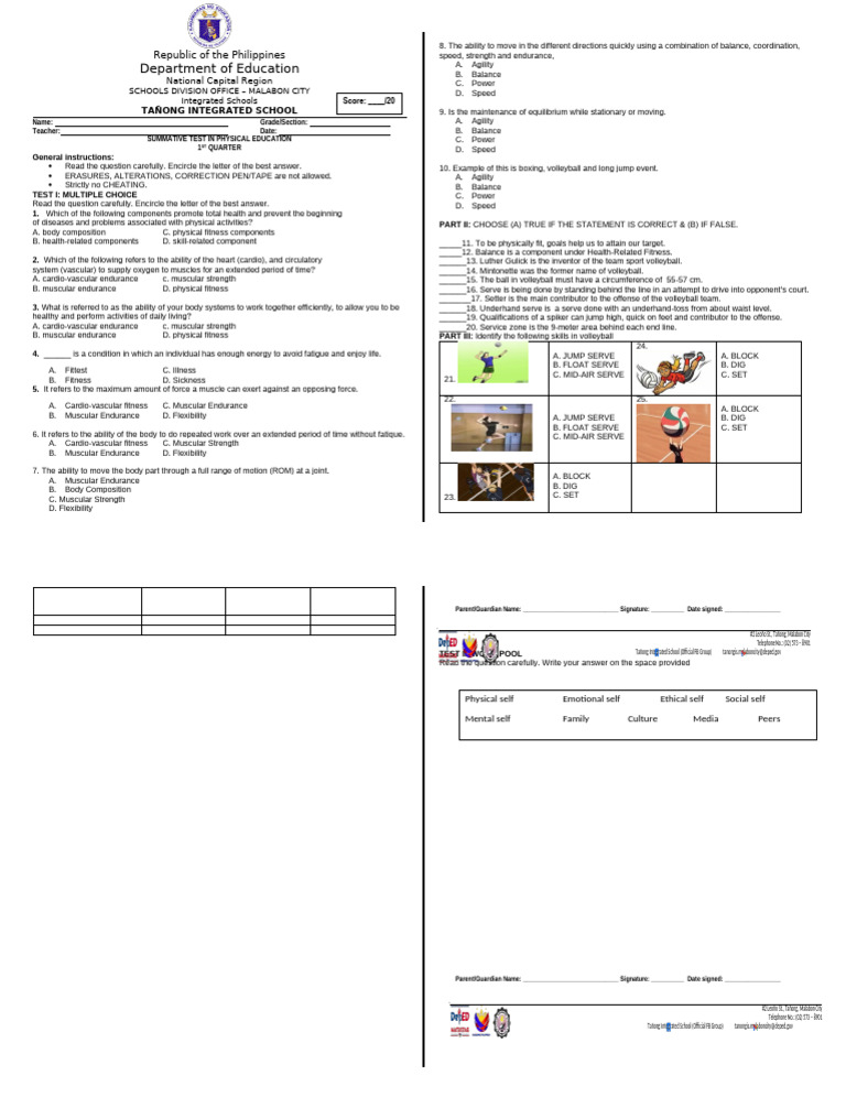 1st Quarter PE Summative Test Guide | PDF | Volleyball | Physical Exercise