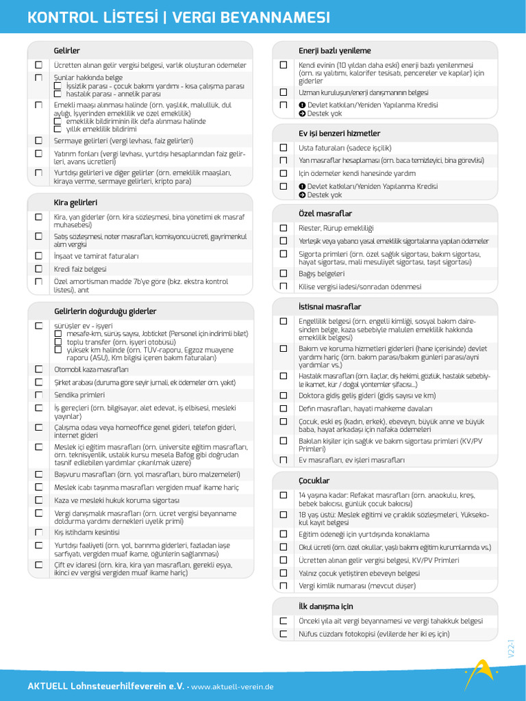 Checkliste Steuererklaerung Tuerkisch V22 1 Akt | PDF