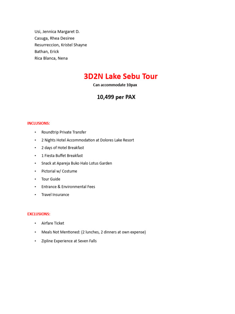 Lake Sebu Tour Itinerary Final | PDF | Social Science