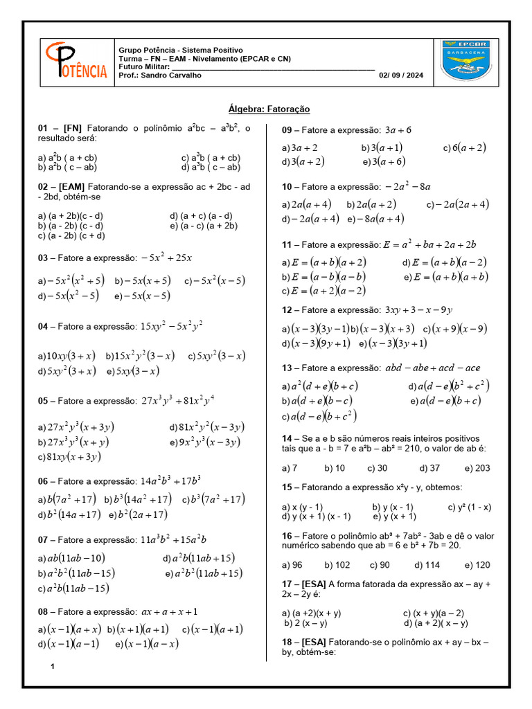 Álgebra Lista 4 Nivelamento EPCAR e CN 02 09 2024 | PDF | Metalógica | Matemática