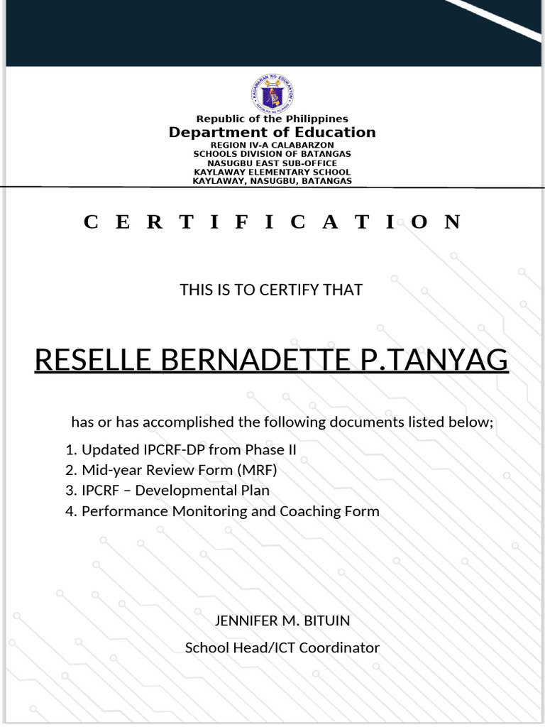 Certification From Ict Coordinator Sample | PDF