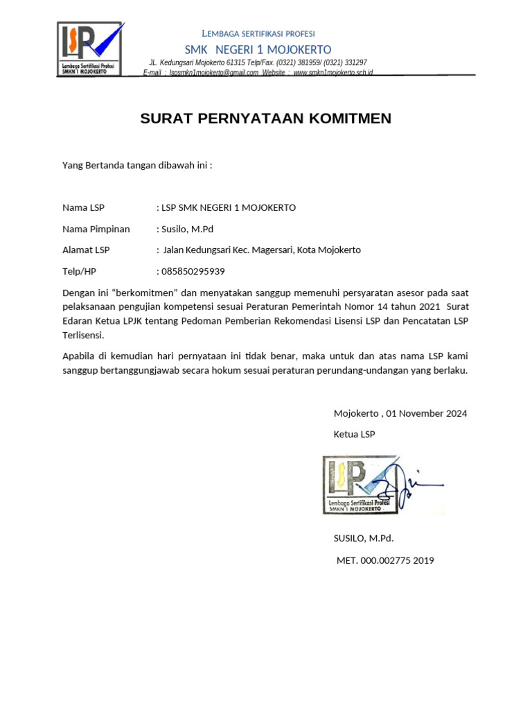 Surat Pernyataan Komitmen | PDF