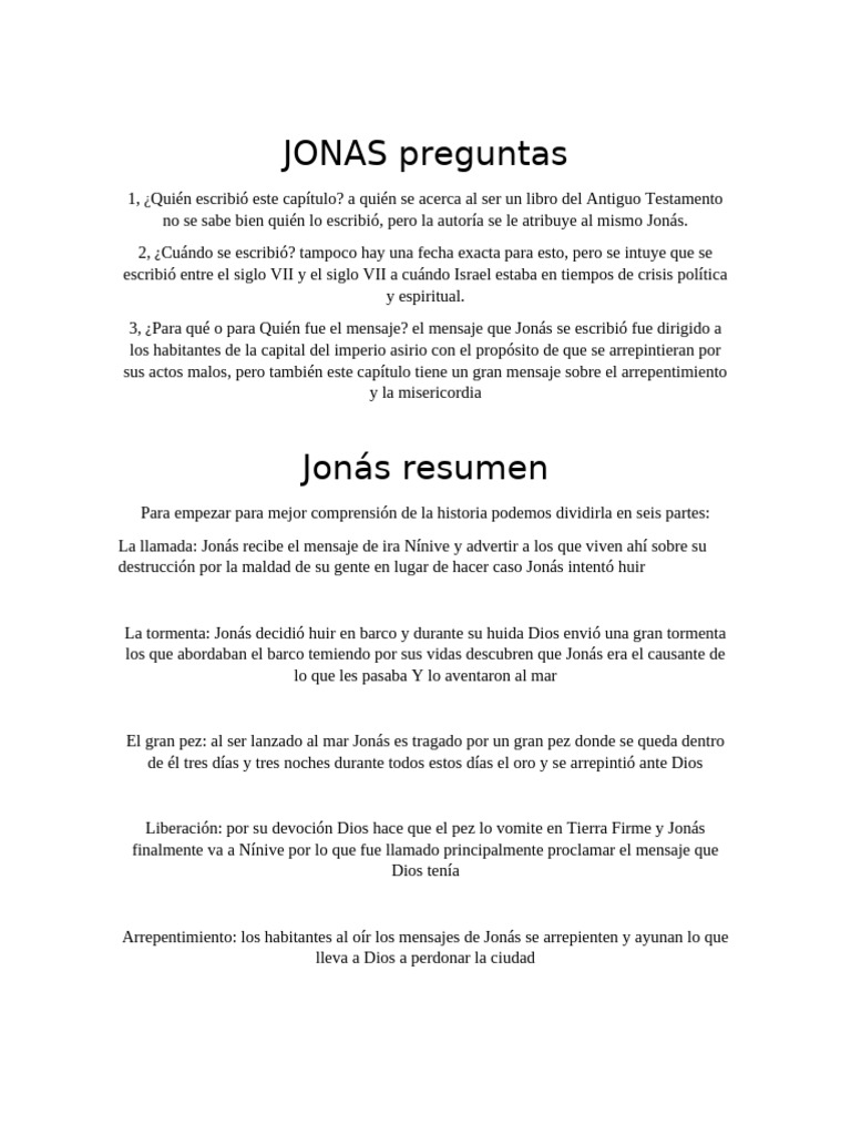 Resumen De Jonás Por Capítulos Pdf