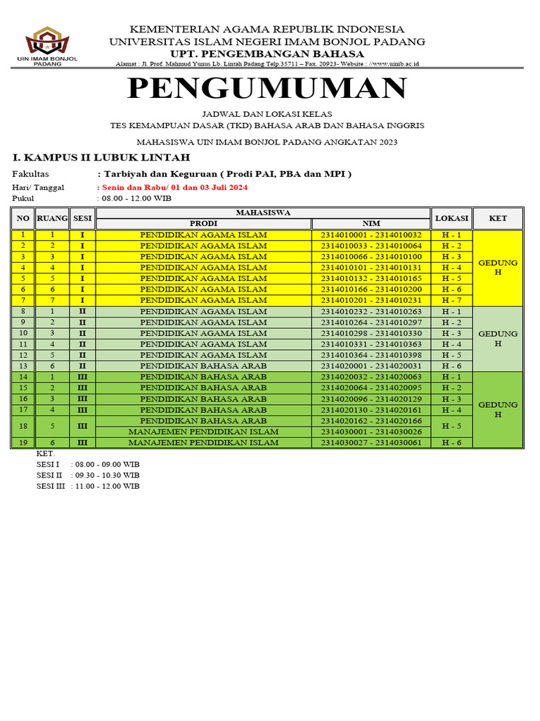 JADWAL DAN LOKASI KELAS TKD Mahasiswa Angkatan 2023 FIX | PDF