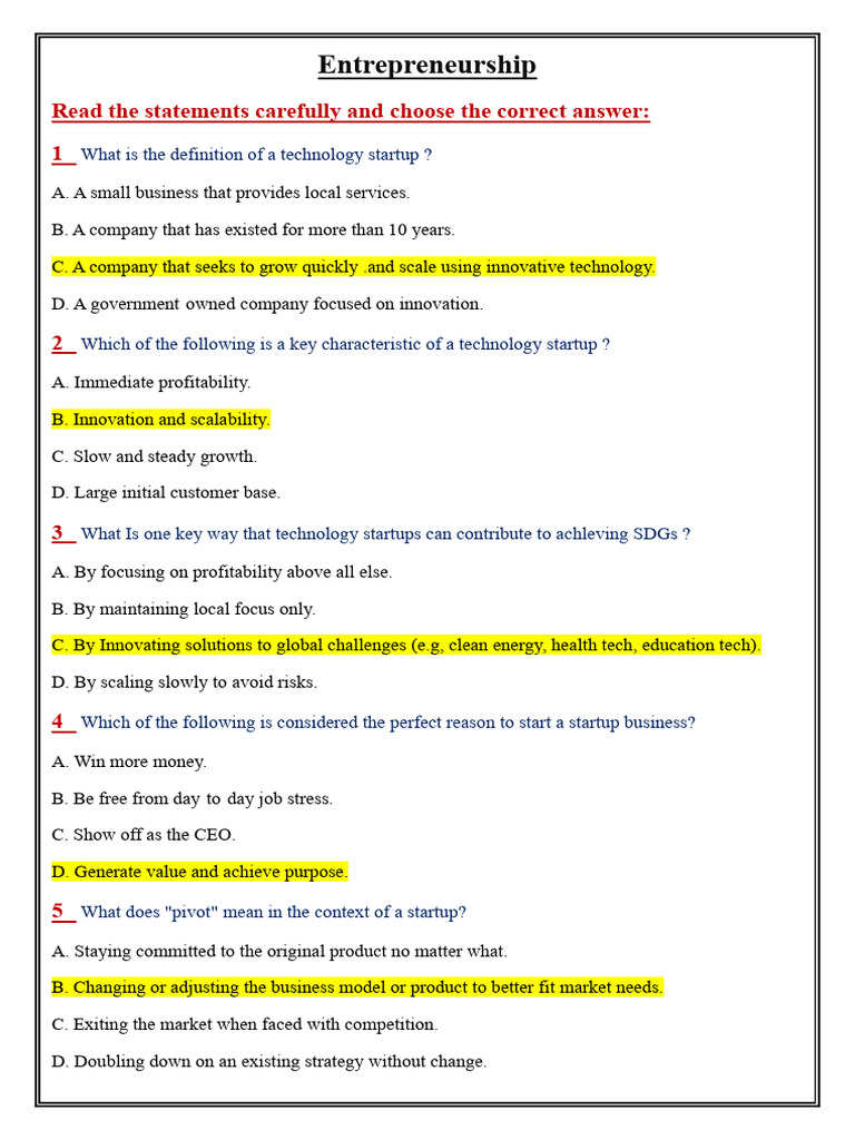 Technology Startup Quiz Guide | PDF