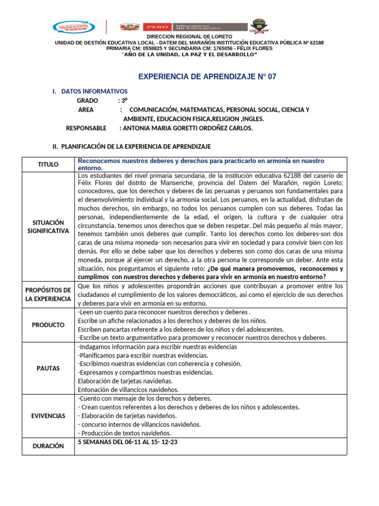 Experiencia de Aprendizaje 08 | PDF | Aprendizaje | Experiencia