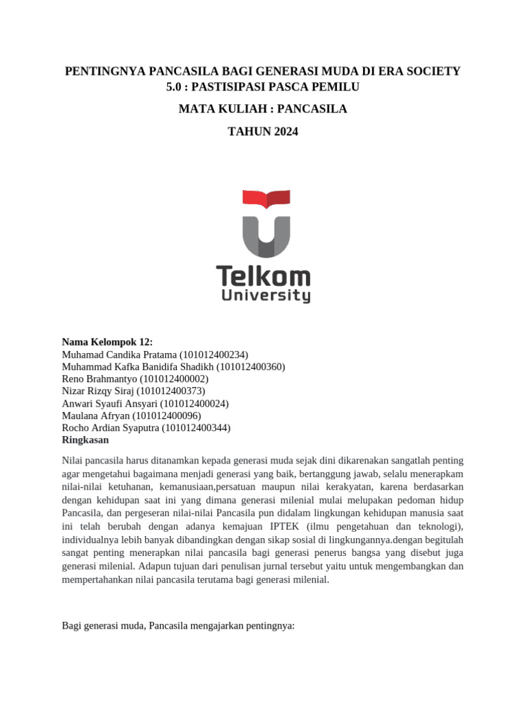 Pentingnya Pancasila Bagi Generasi Muda Di Era Society 5.0: Pastisipasi ...