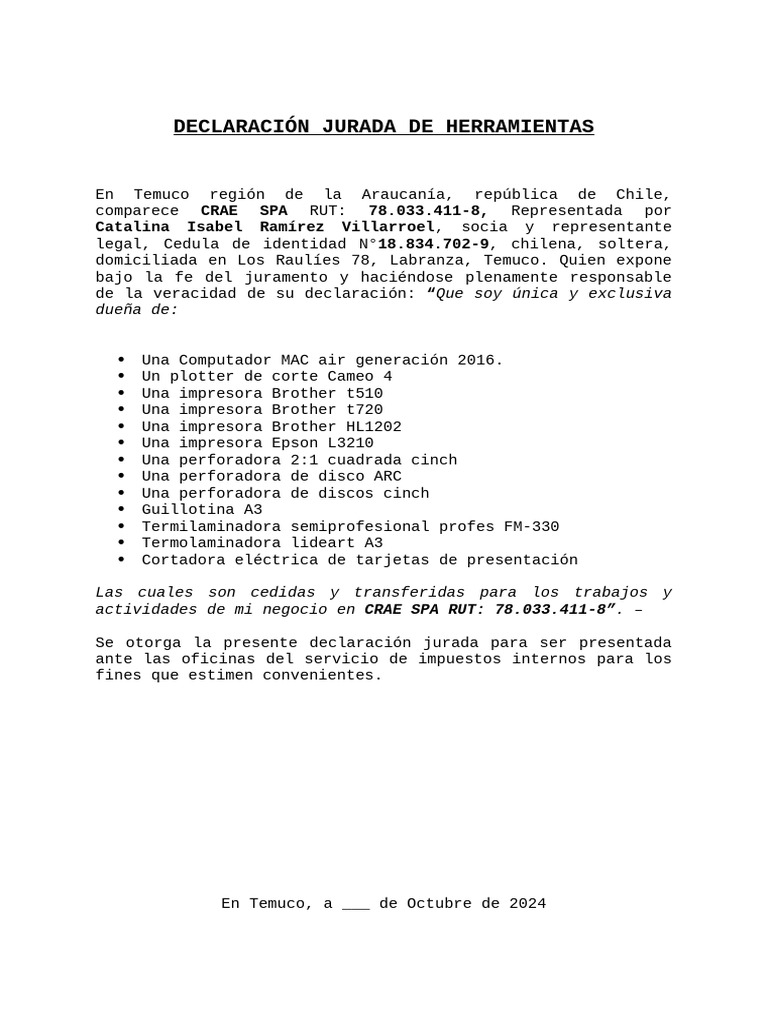 Declaración Jurada de Herramientas CRAE SPA | PDF | Derecho