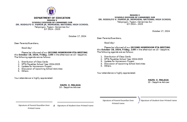 Parent Letter For Homeroom PTA Meeting | PDF