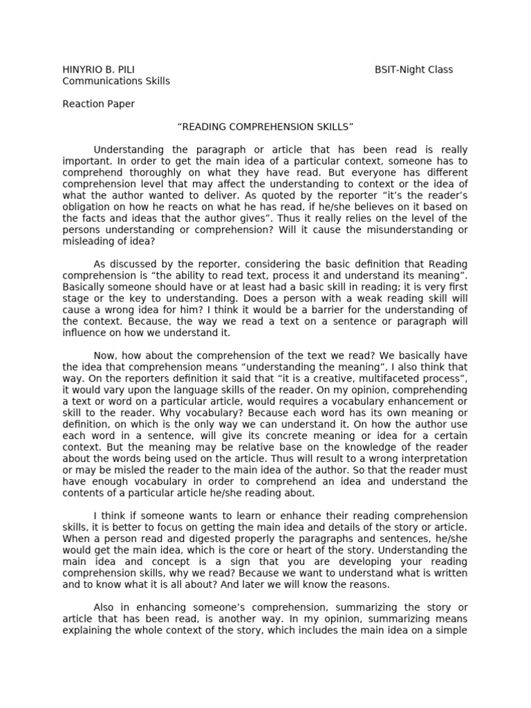 READING COMPREHENSION | PDF | Reading Comprehension | Cognitive Psychology