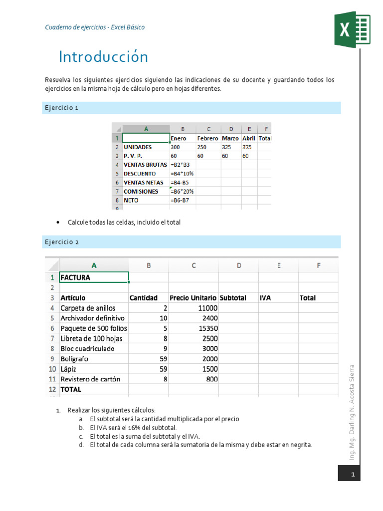 Ejercicios Básicos de Excel: Cálculos y Formatos | PDF
