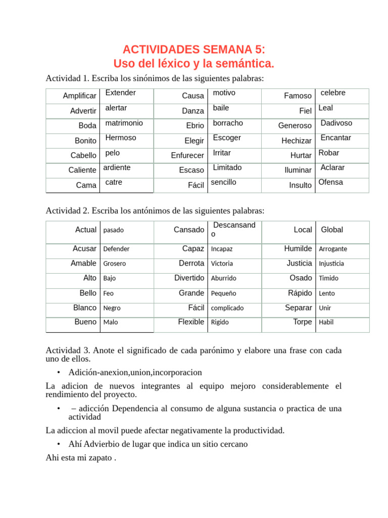 Sinónimos, Antónimos y Más: Actividades de Léxico y Semántica | PDF